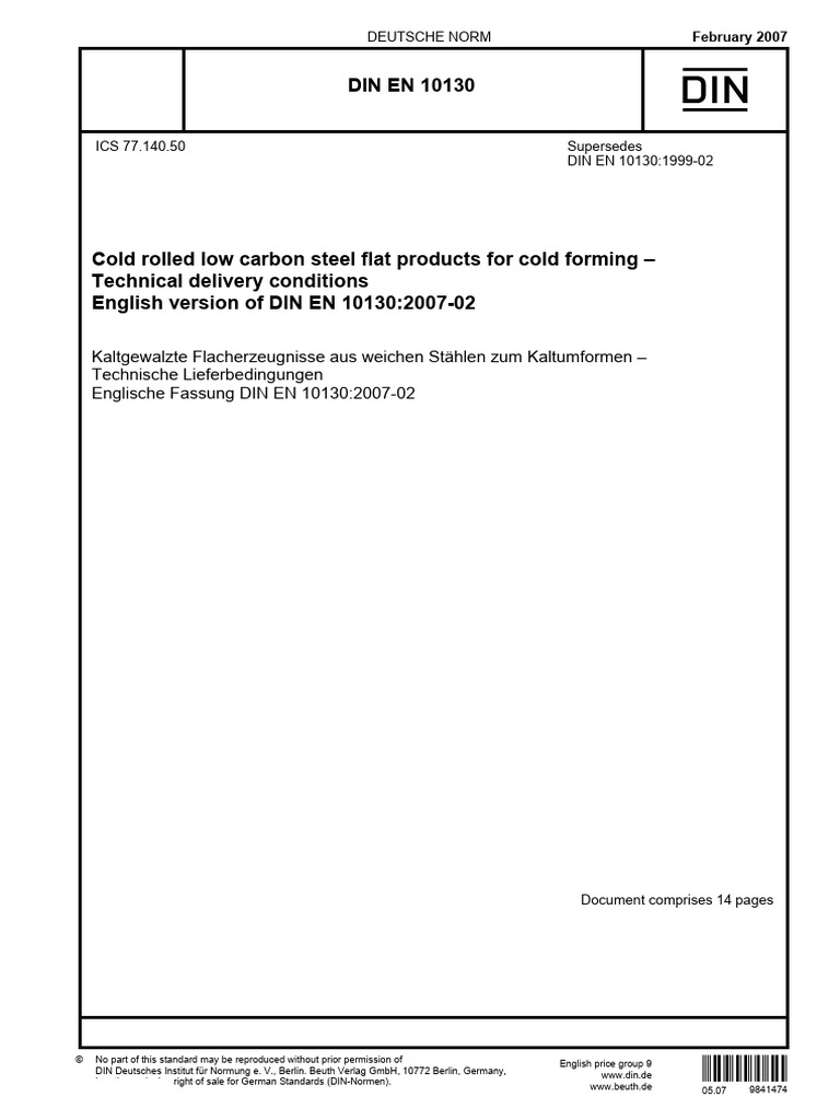DIN EN 10130 2007 Cold Rolled Low Carbon Steel Flat Products For Cold ...