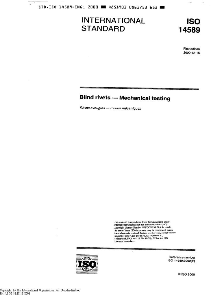 ISO 14589-2000 Blind Rivets Mechanical Testing | PDF