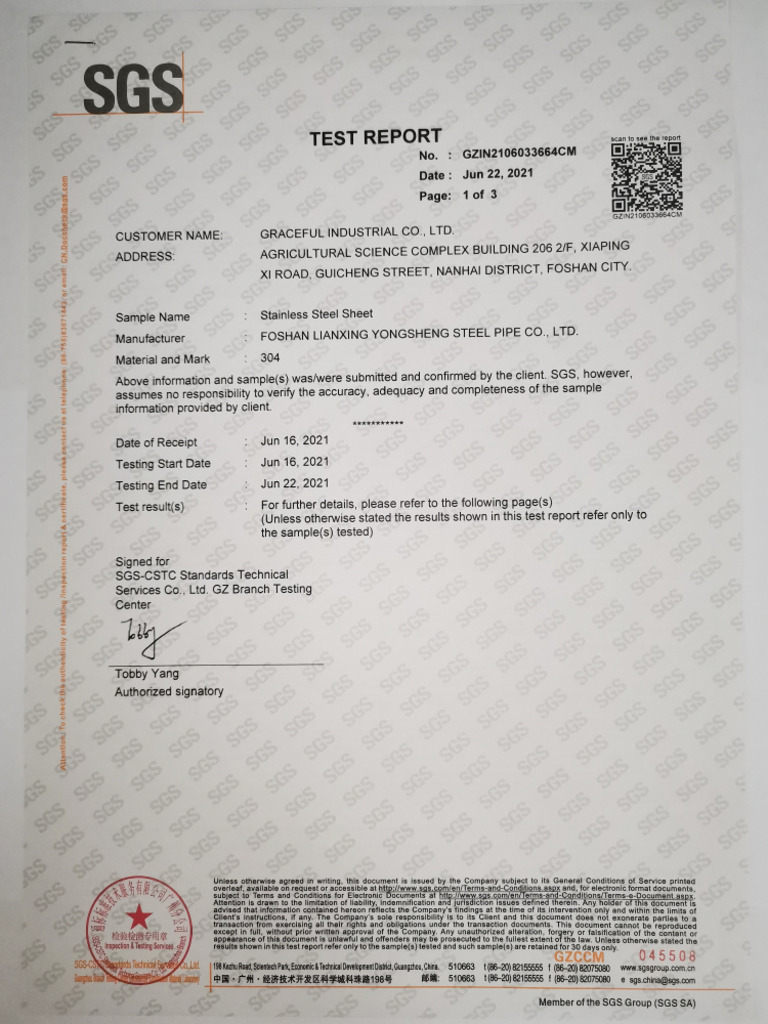 304 S S Sheet Test Report | PDF