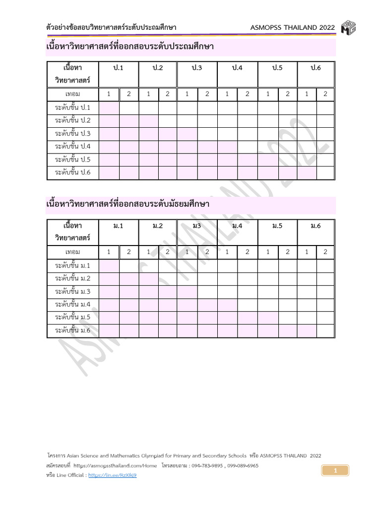 แนวข้อสอบ ASMOPSS 2022 Thai วิทย์ ป.1 | PDF