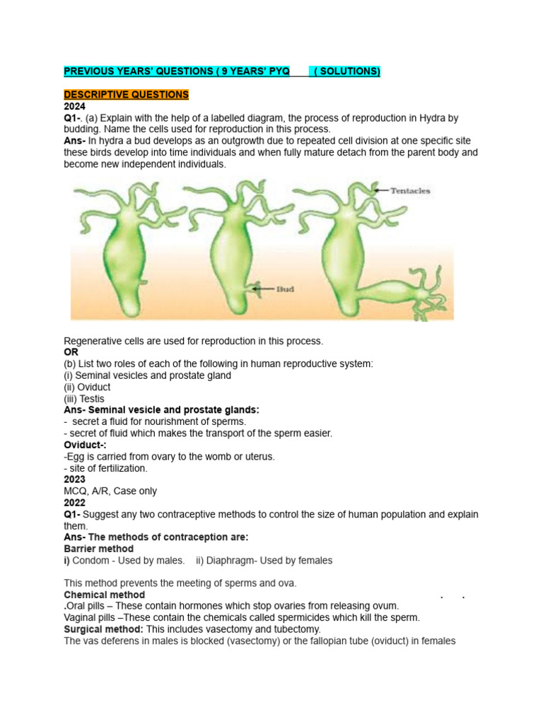 Std-10 Ch-7 Pyq- Ans. | PDF | Reproduction | Sexual Reproduction