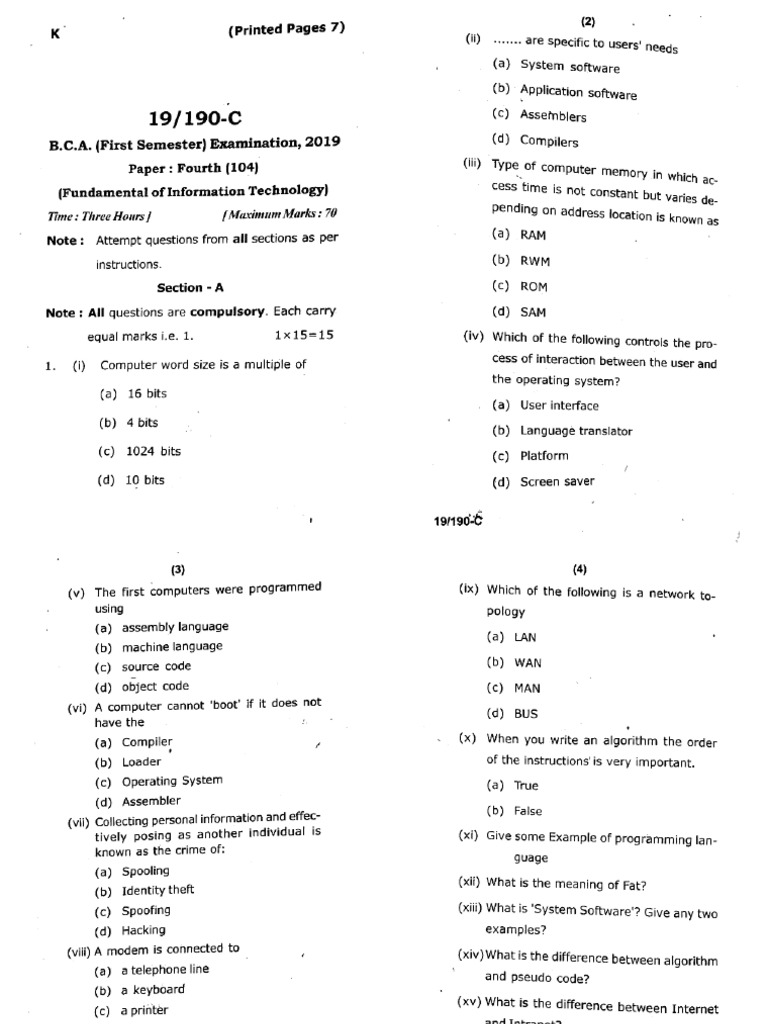 Bca 1 Sem Fundamental of It 190 C 2019 | PDF