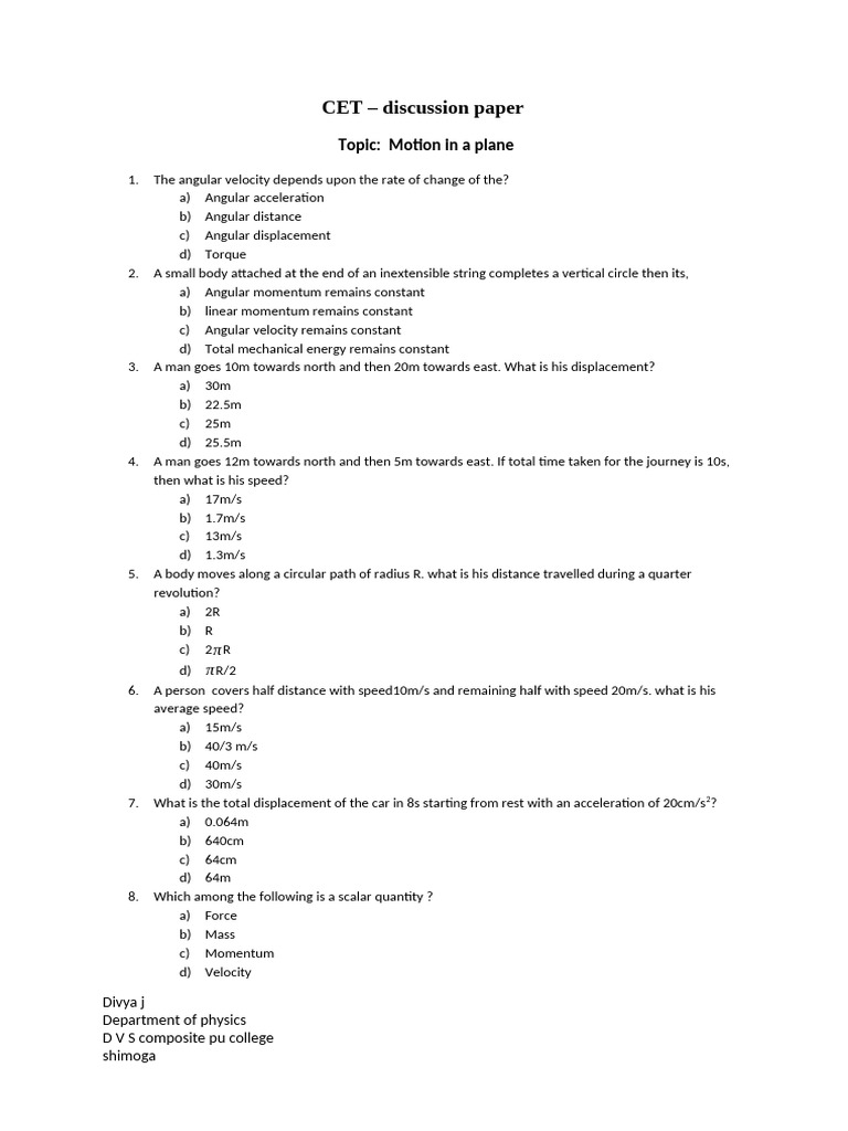 Motion in A Plane Cet Questions | PDF | Acceleration | Euclidean Vector