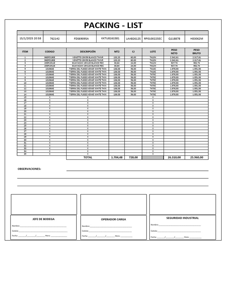 Packing List_v2 762142 | PDF