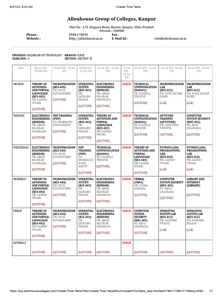 2nd Year AIML (Section B) Time Table | PDF