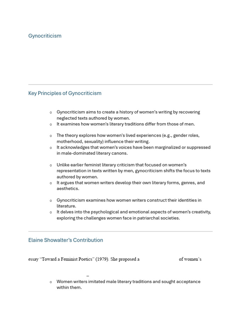 Gynocriticism | PDF | Gender Studies | Feminism