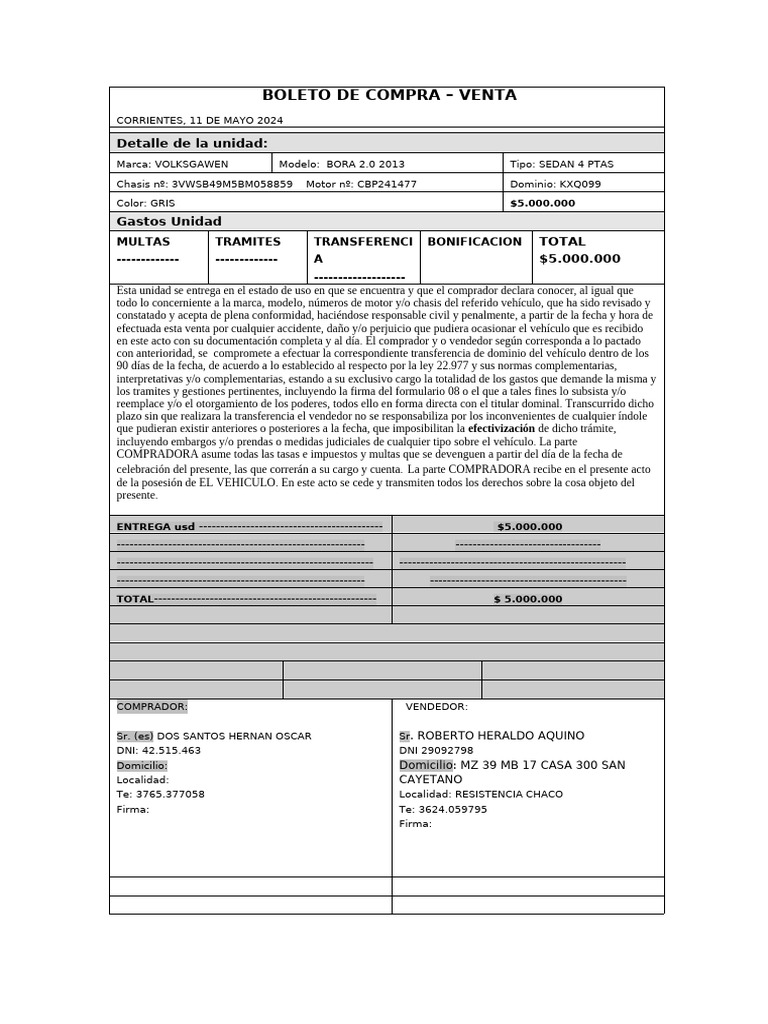 Boleto de Compra-Venta de Auto | PDF