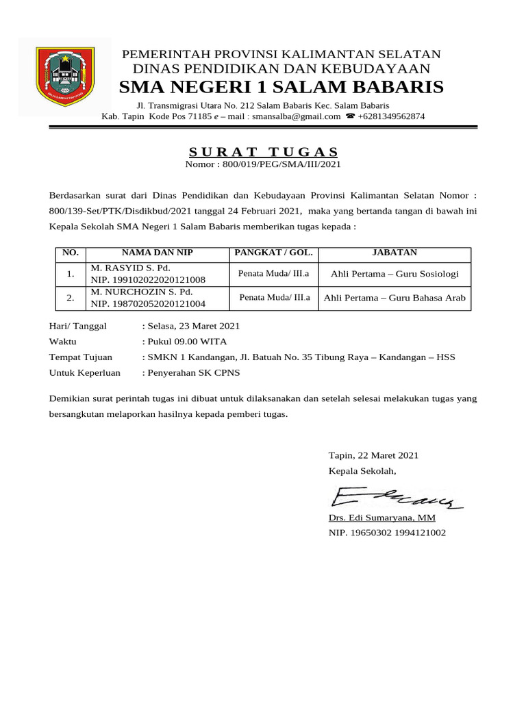 SURAT TUGAS Pengambilan SK | PDF