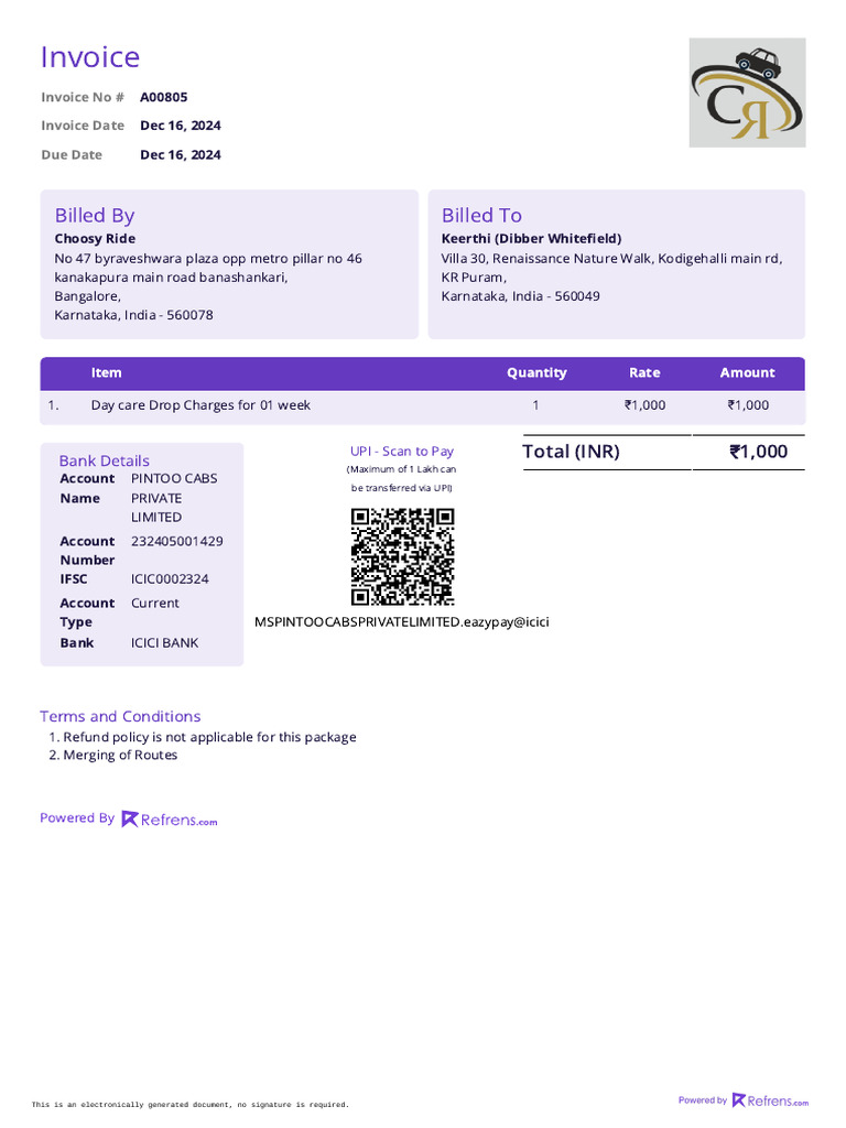 Invoice A00805 Choosy Ride Keerthi Dibber Whitefield | PDF