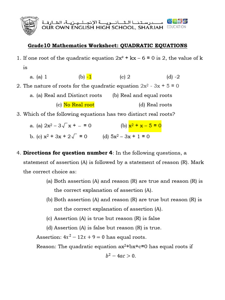 Quadratic Equations Worksheet | PDF | Speed | Algebra