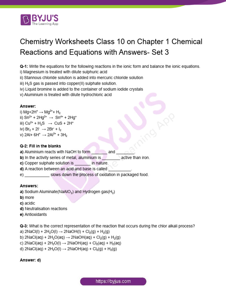 Chemistry Worksheets Class 10 On Chapter 1 Chemical Reactions and Equations With Answers Set 3 ...