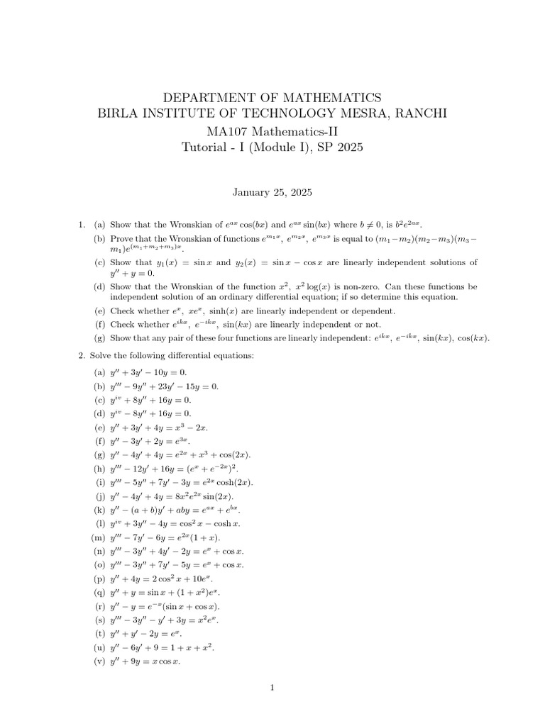 MA107 - Math - II - Tutorial I | PDF | Equations | Subtraction