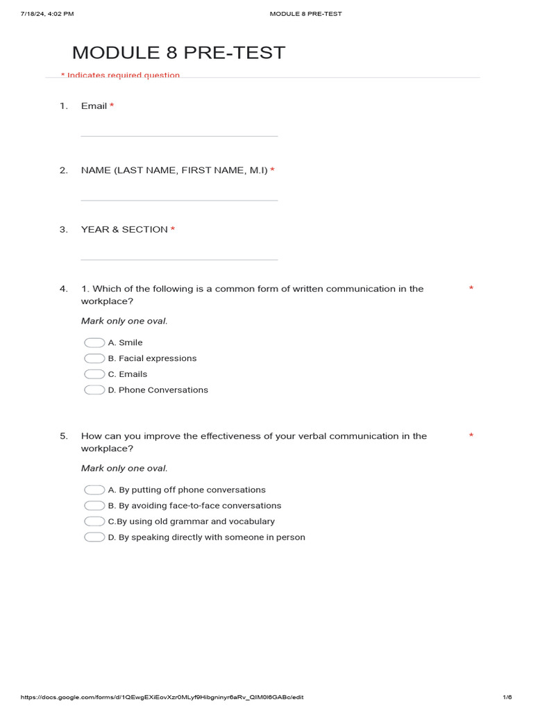 Module 8 Pre-Test - Google Forms | PDF | Communication | Body Language