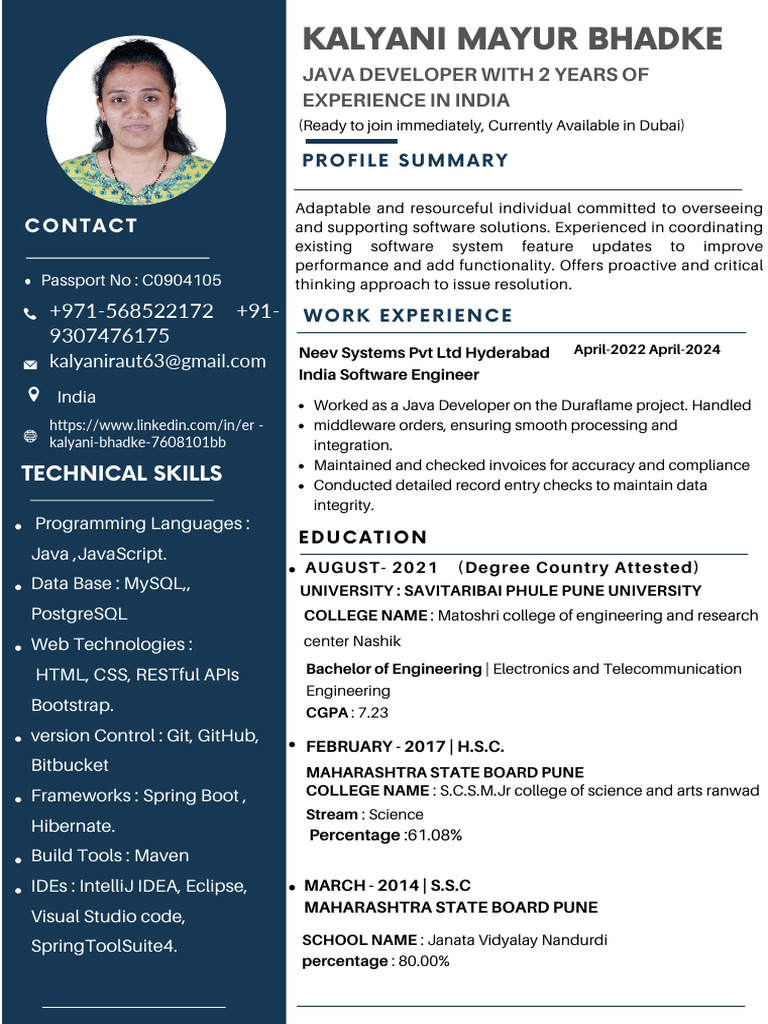 Java Developer Resume - Kalyani Bhadke | PDF | Software Engineering ...
