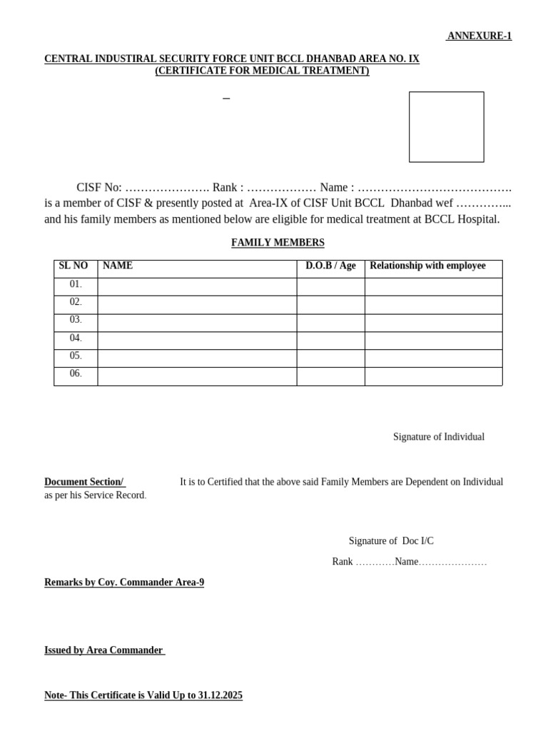 CISF Medical Treatment Certificate | PDF