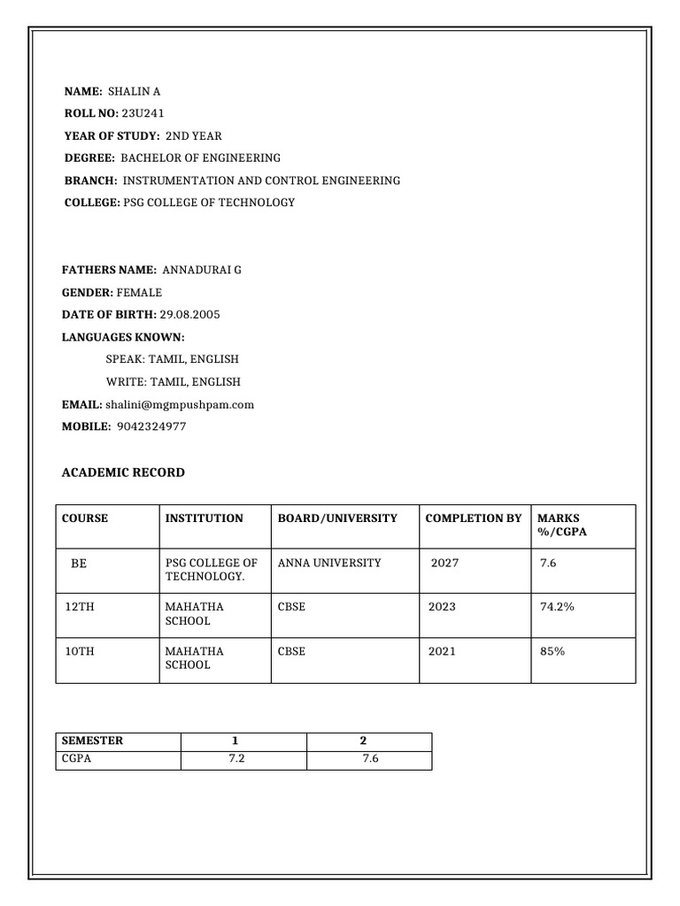 Shalin A: Engineering Student Profile | PDF