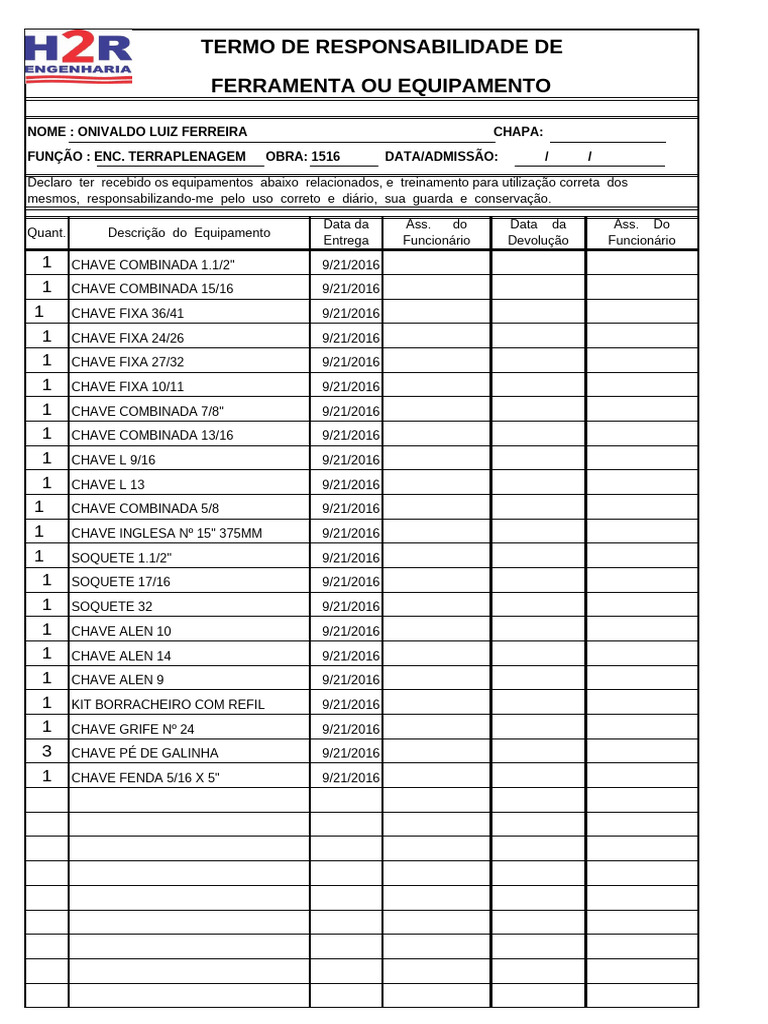 Formulario Termo de Responsabilidade de Equipamentos r5 | PDF | Ferramentas | Metalurgia