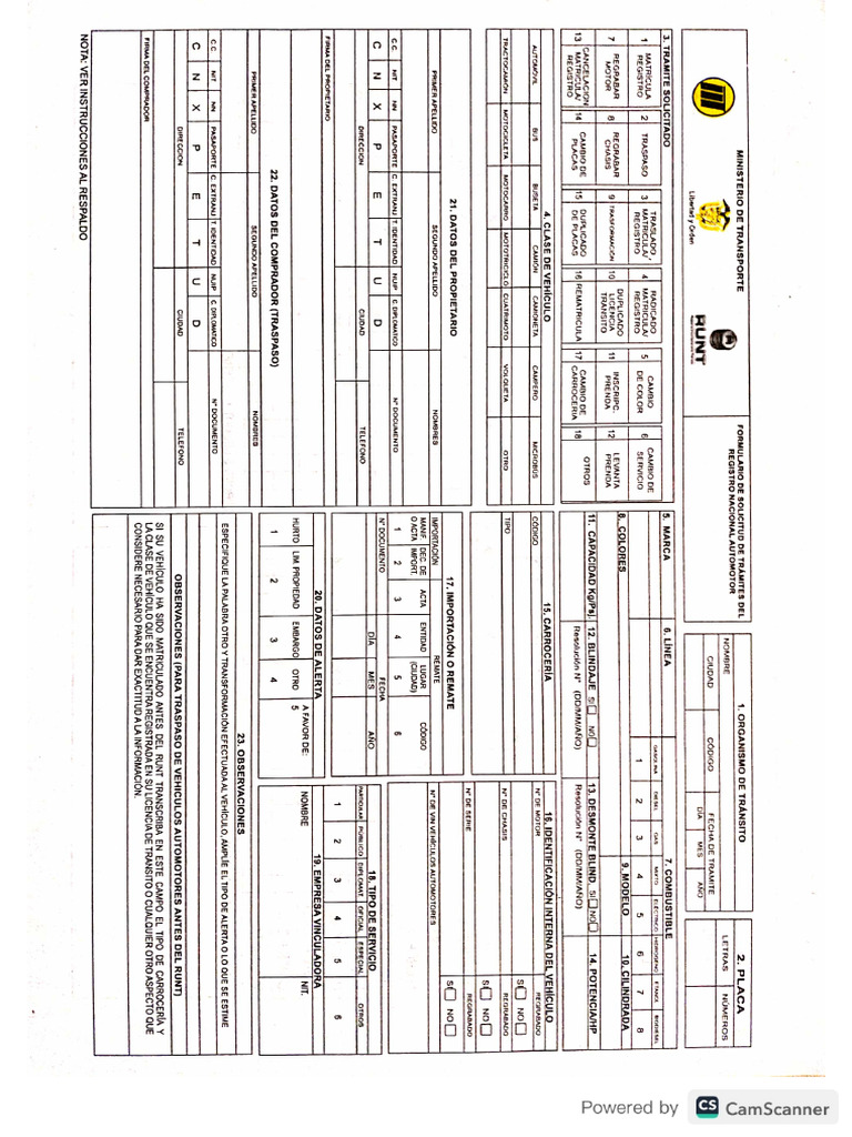 FORMULARIO TRANSITO TRASPASO, RADICAION, CAMBIO COLOR, ETC | PDF