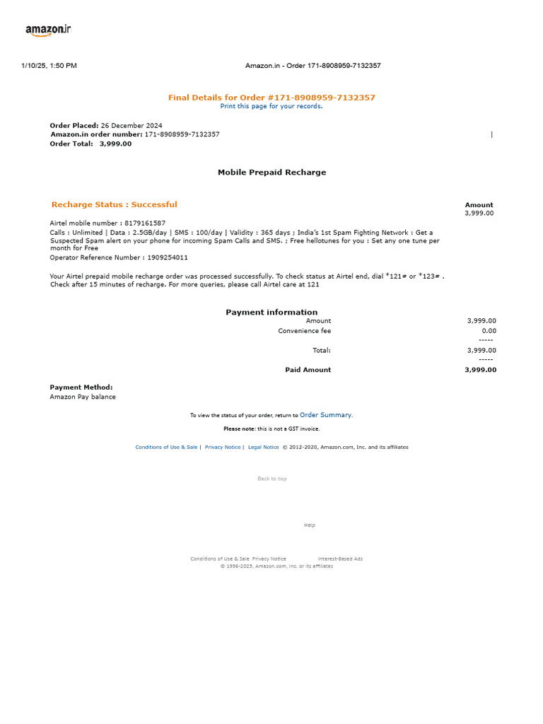 Successful Airtel Recharge Confirmation | PDF | Service Industries ...