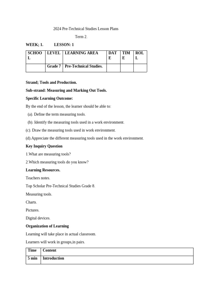 Rationalized Term 2 Grade 7 Pre Technical Lesson Plans 2024 Teacher - Co - .Ke | PDF | Learning ...