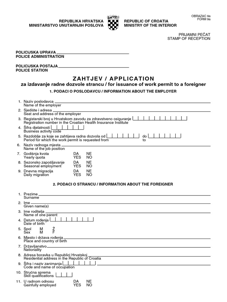 Zahtjev / Application: Za Izdavanje Radne Dozvole Strancu / For Issuance of Work Permit To A ...