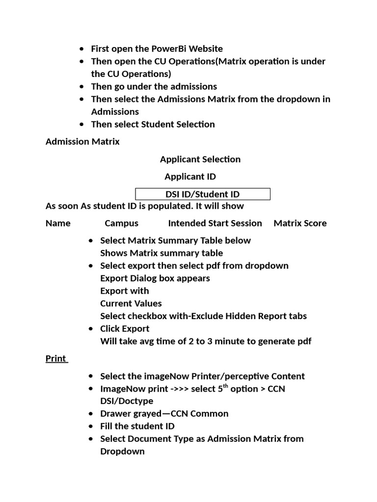 Power BI Admissions Matrix Export Guide | PDF