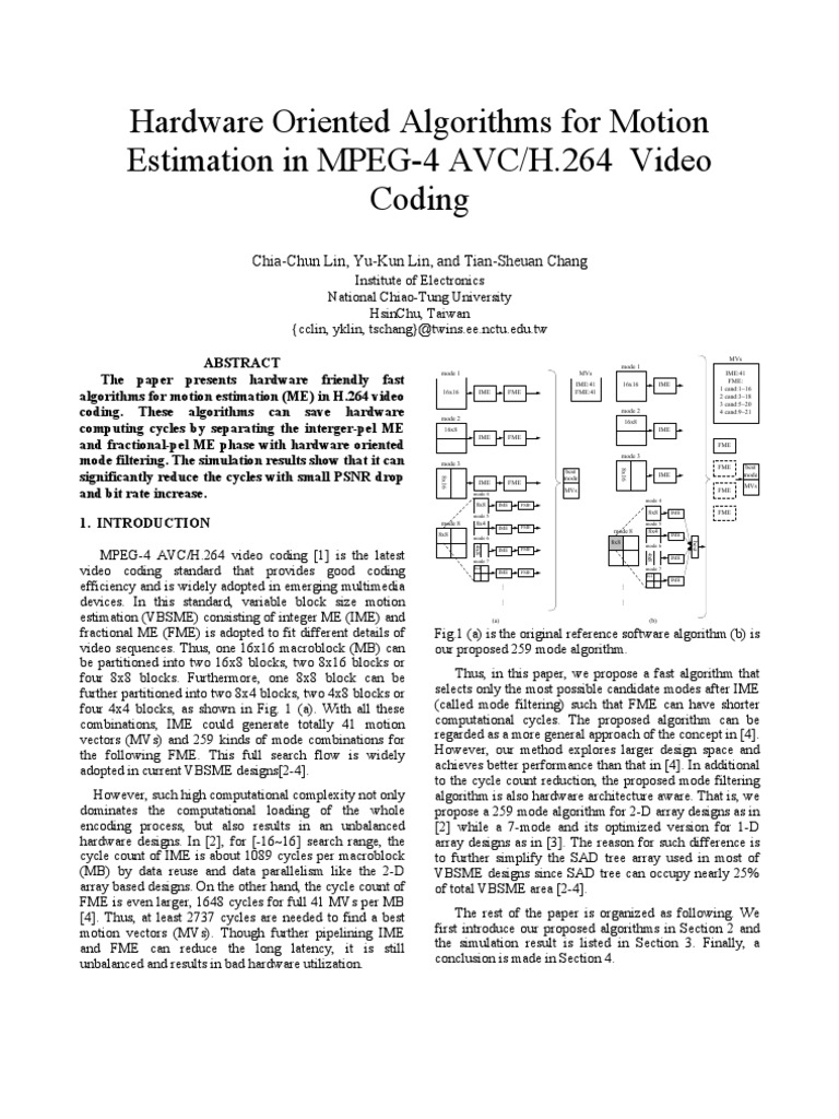 Hardware Oriented Algorithms For Motion Estimation in MPEG-4 AVC/H.264 Video Coding | PDF | H ...