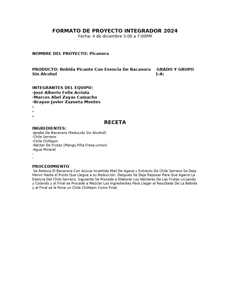 Formato de Proyecto Integrador 2024: Fecha: 4 de Diciembre 5:00 A 7:00PM | PDF