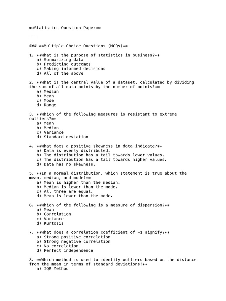 Statistics Question Paper | PDF | Mean | Median