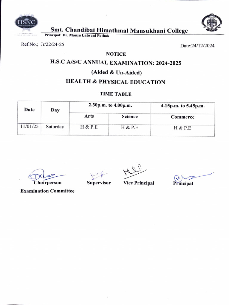 HSC ASC Aided , Unaided Health and PE Examination Jan 03, 2025 | PDF
