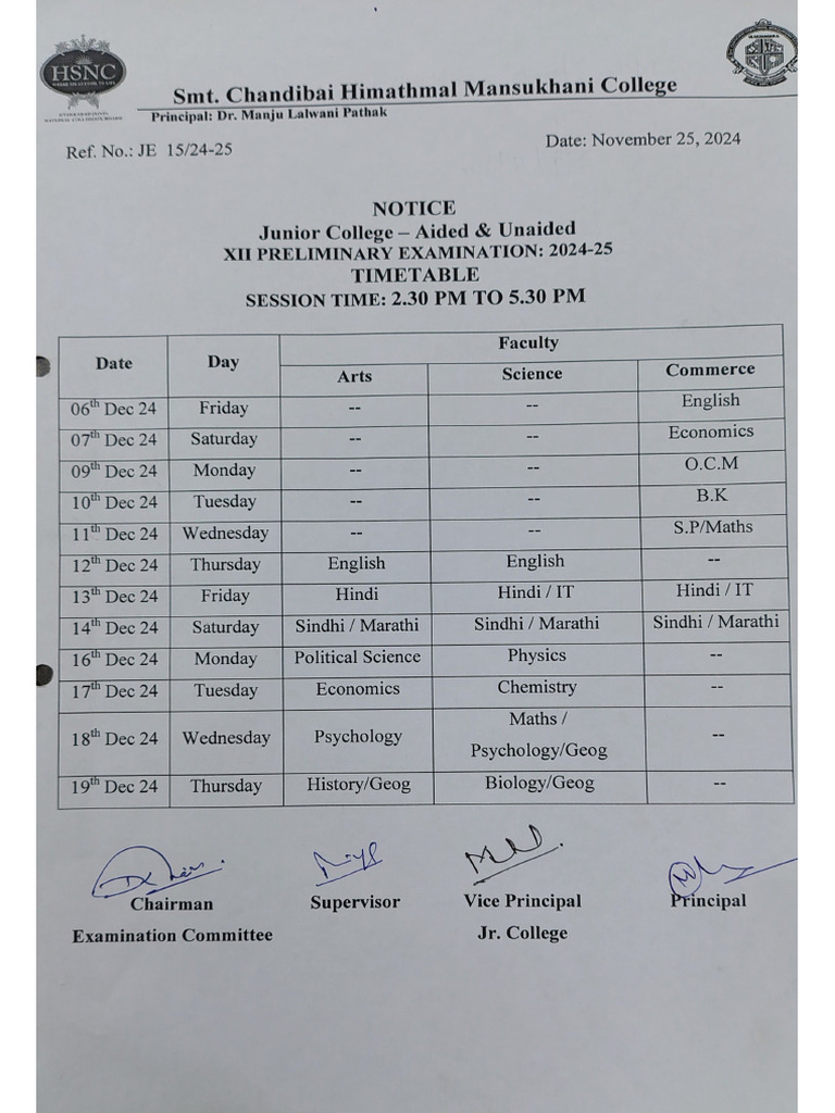 Xii Preliminary Examination Time Table 2024-25 | PDF