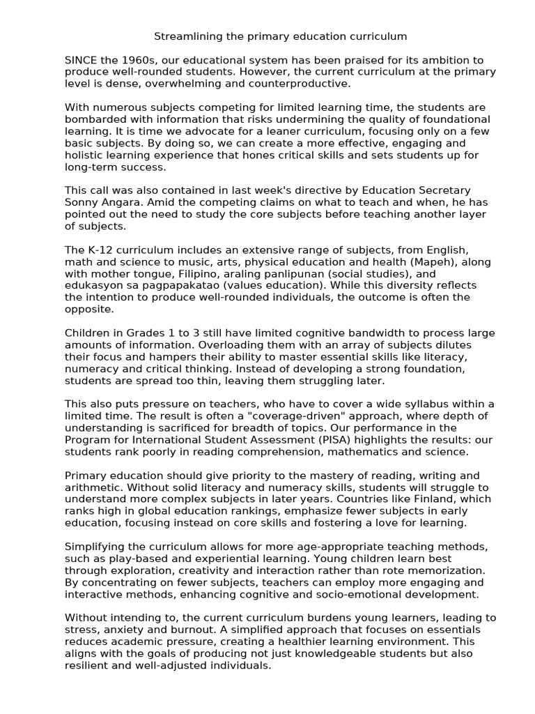 Streamlining The Primary Education Curriculum | PDF | Curriculum | Learning
