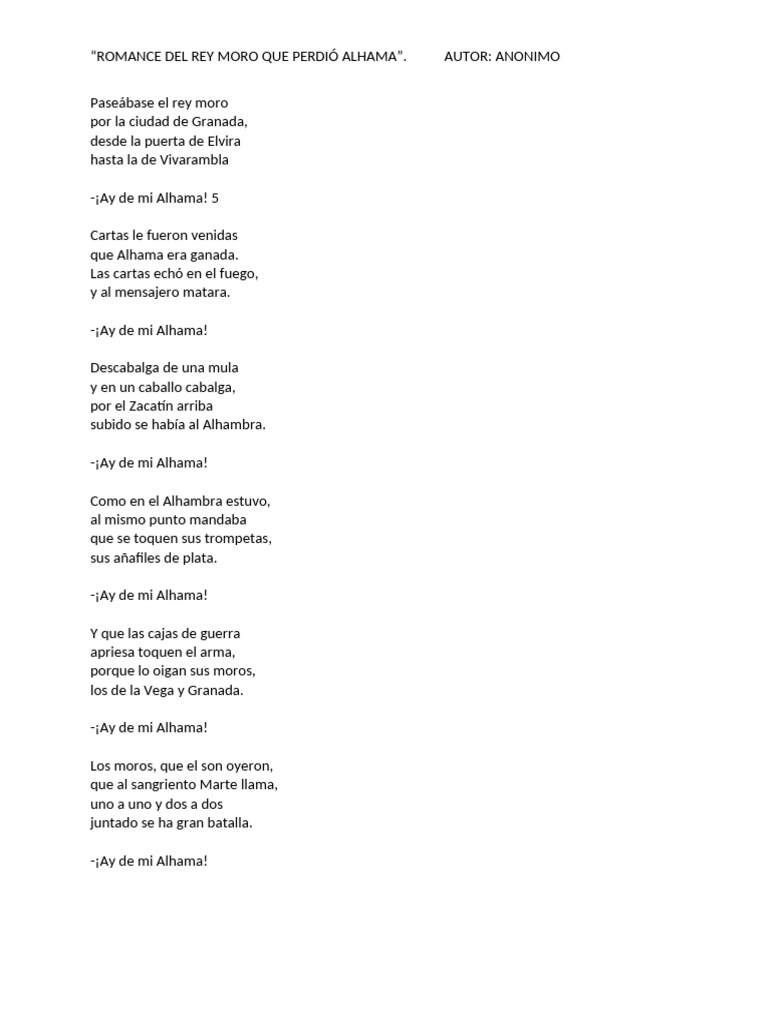 Romance Del Rey Moro Que Perdio Alhama | PDF