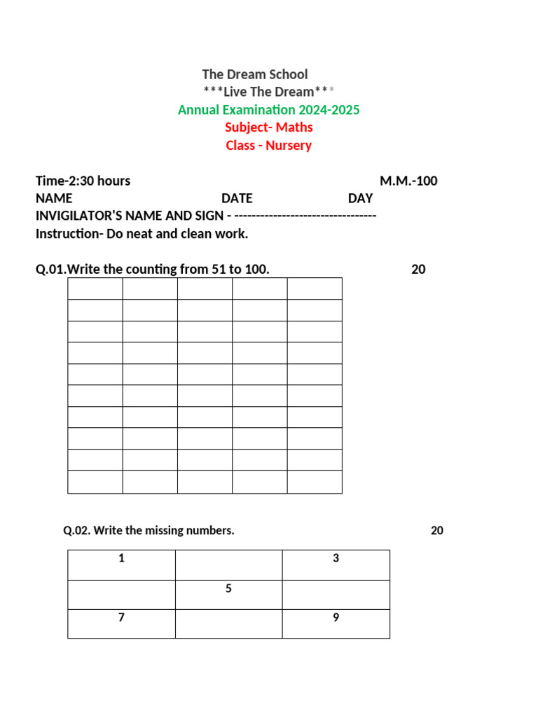 Nursery Maths Exam Paper 2024-2025 | PDF