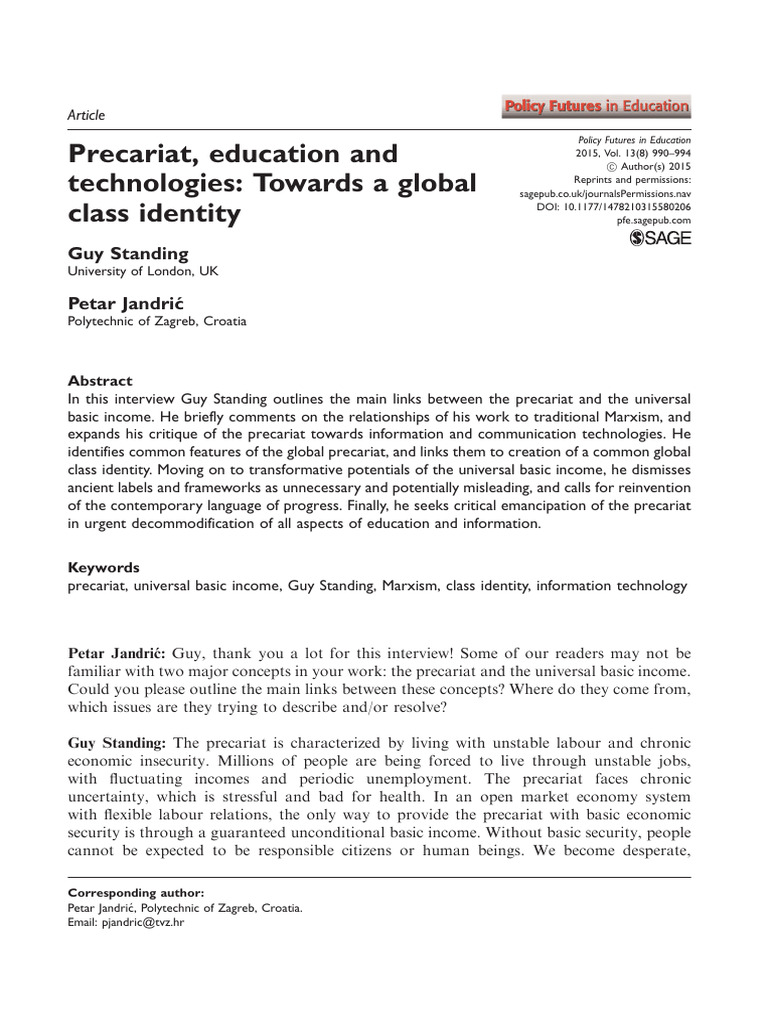 STANDING, G JANDRIC, P. Precariat, Education and Technologies - Towards ...
