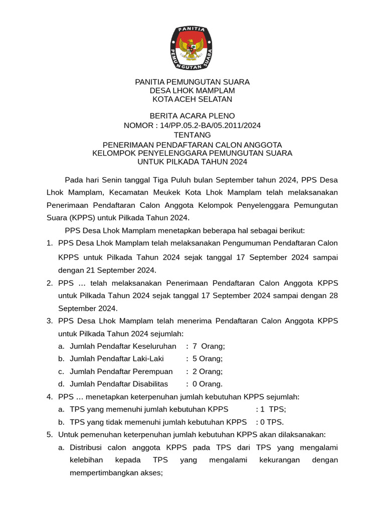 Berita Acara PPS Penerimaan Pendaftaran KPPS | PDF