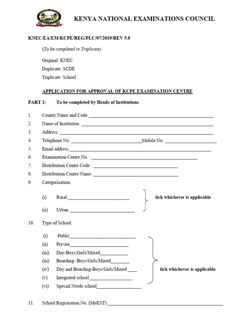 Application Form For KCPE Examination Centre | PDF