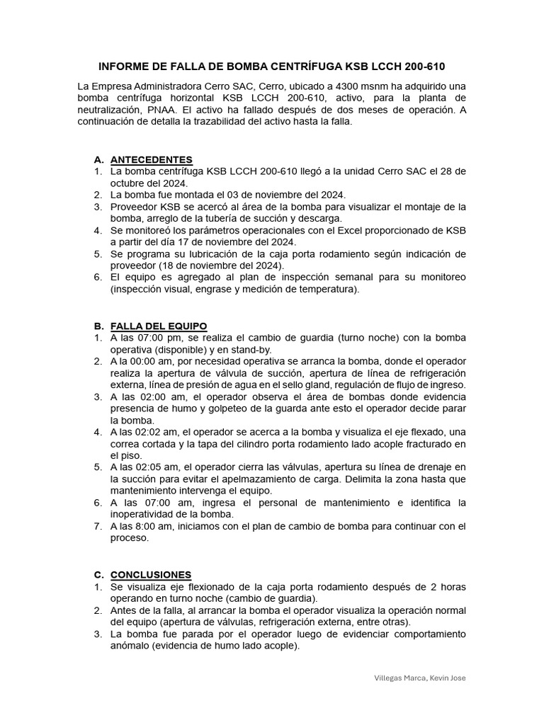 Informe de Falla de Bomba Centrífuga KSB LCCH 200 | PDF | Bomba | Bienes manufacturados