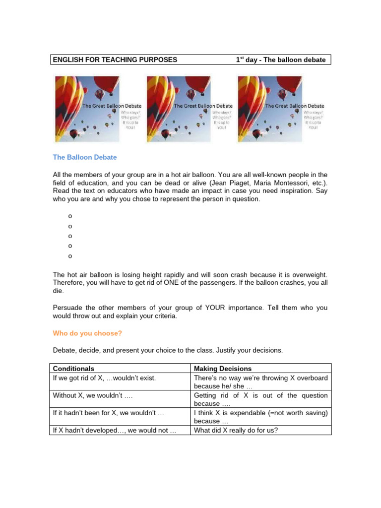 Balloon Debate for Educators' Impact | PDF