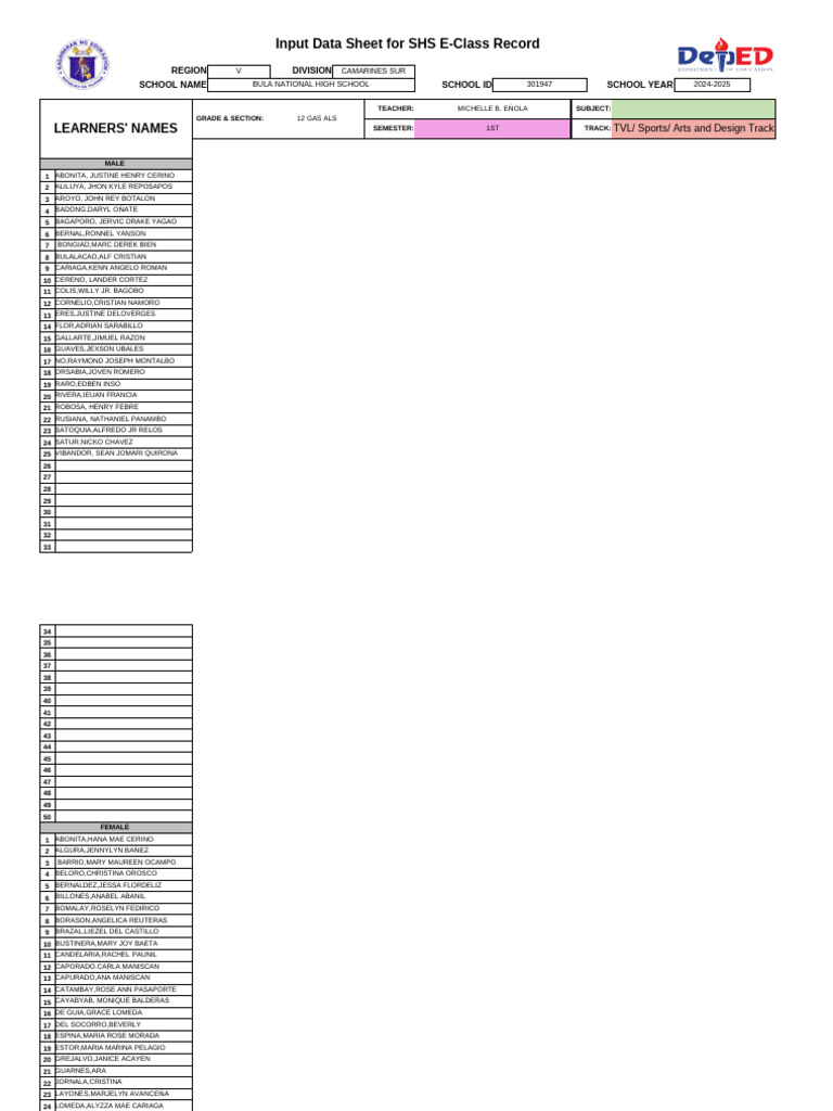 SHS E Class Record - XLSX GRADE 12 F | PDF