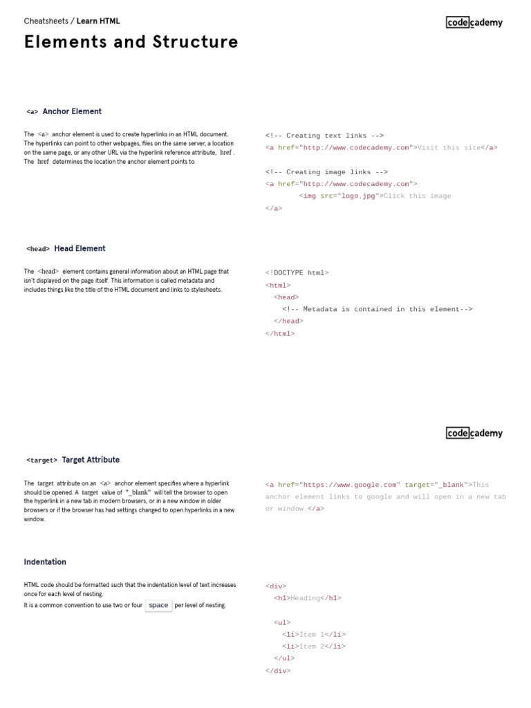Learn HTML_ Elements and Structure Cheatsheet _ Codecademy | PDF | Html Element | Html