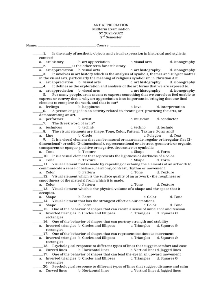 art appreciation midterm exam | PDF | Shape | Printmaking