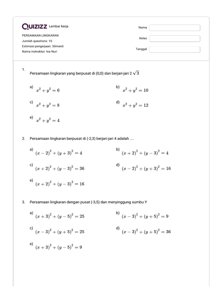 Soal Persamaan Lingkaran | PDF