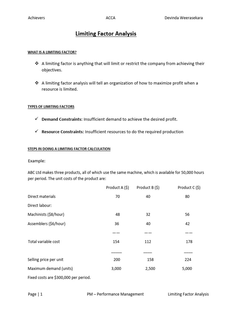 ACCA PM - Limiting Factor Analysis | PDF | Profit (Economics) | Factor Analysis