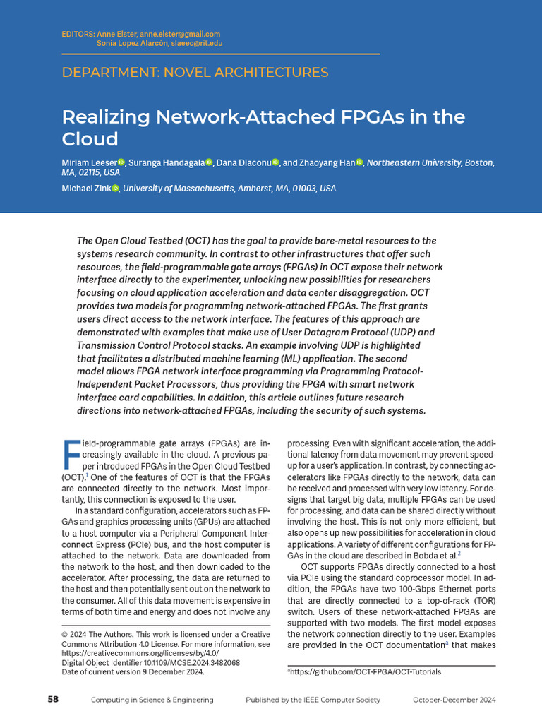 Leeser Et Al. - 2024 - Realizing Network-Attached FPGAs in The Cloud | PDF | Field Programmable ...