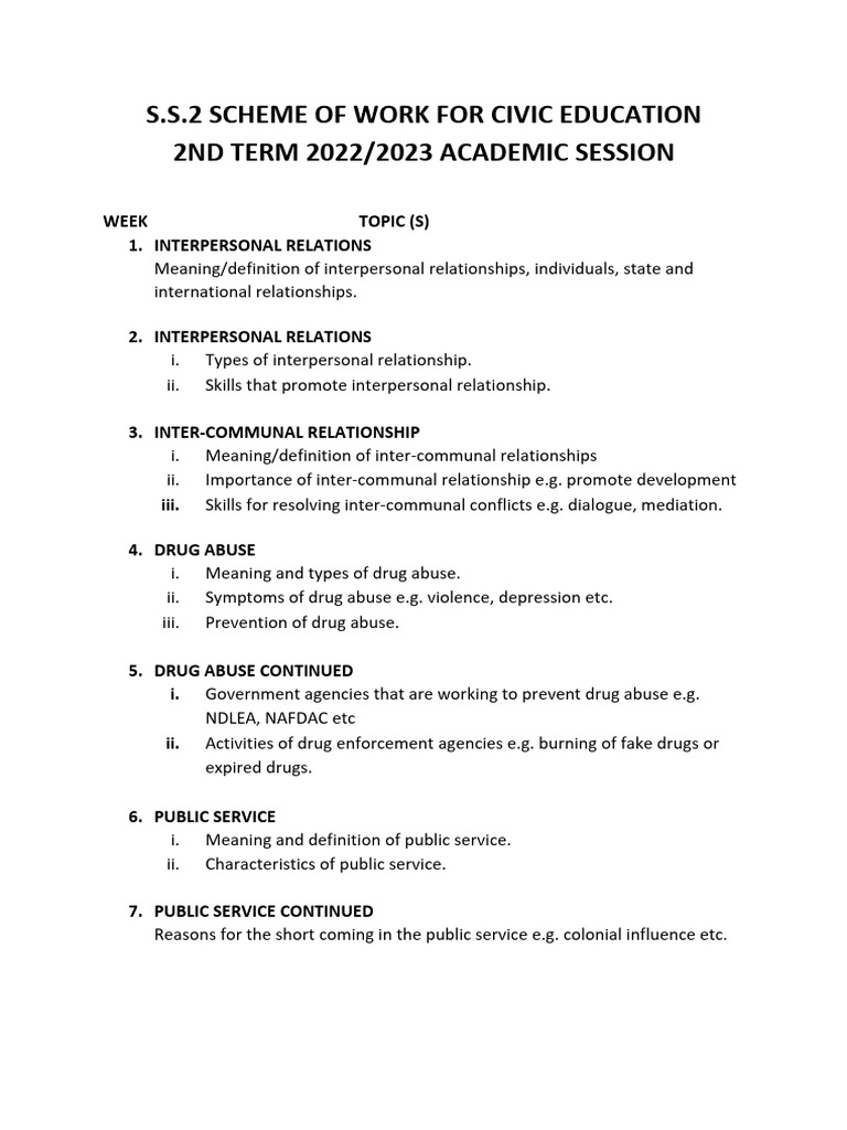 SS2 Scheme of Work For Civic Education 2ND Term 20222023 | PDF