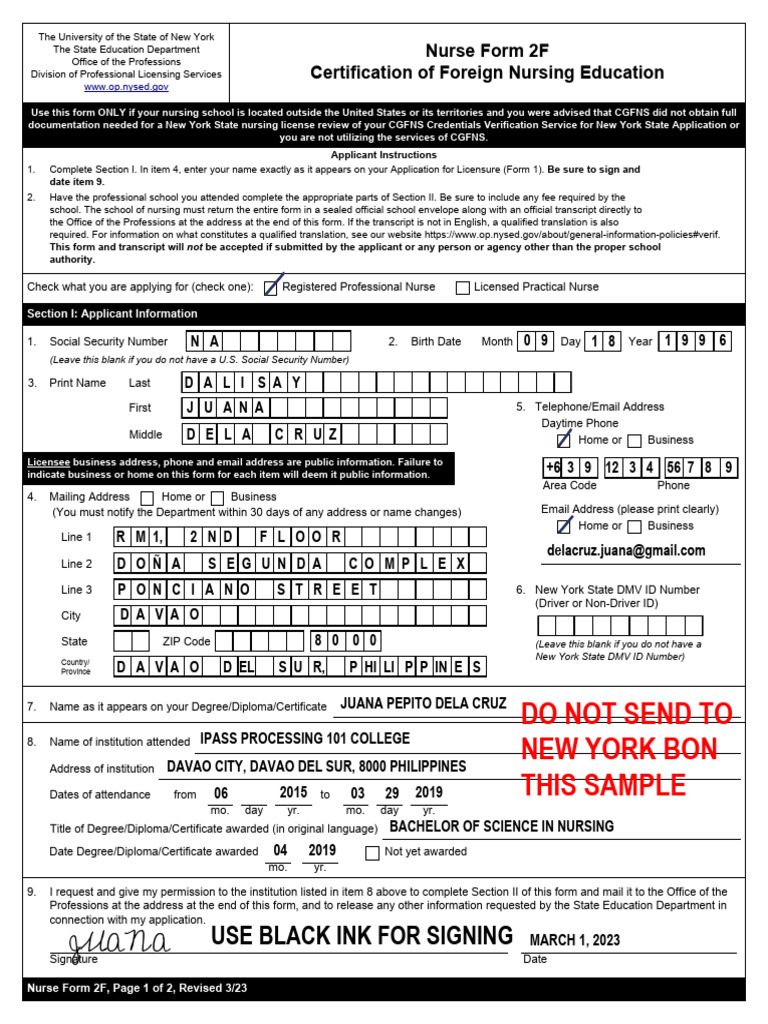 SAMPLE_FOR_REFERENCE_Nurse_Form_2f_2 | PDF | Diploma | Qualifications