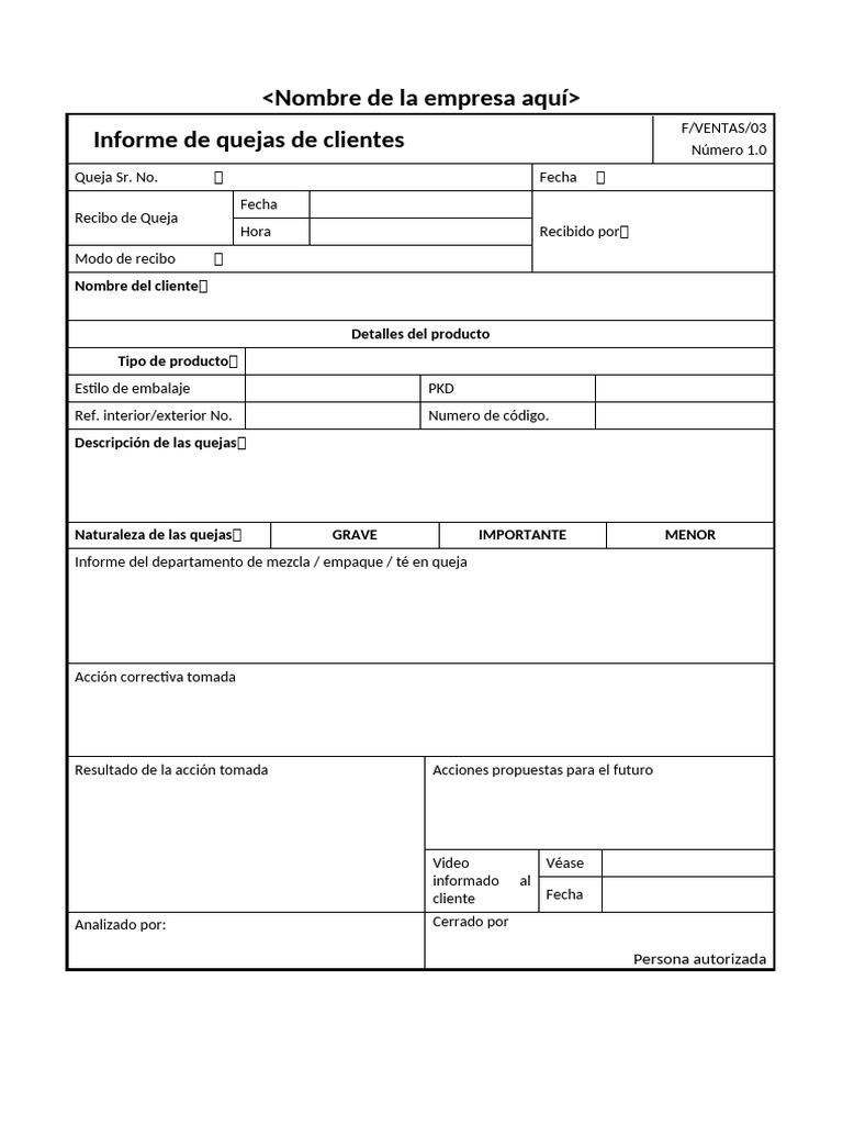 F - SALES - 03-Informe de Quejas de Clientes | PDF