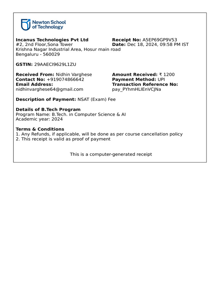 Incanus Technologies Payment Receipt | PDF