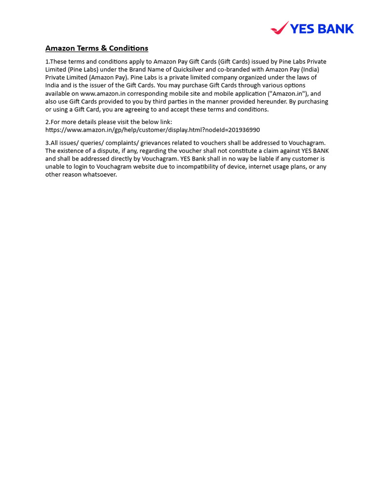 Ybl Yes Bank Amazon Terms N Condition | PDF